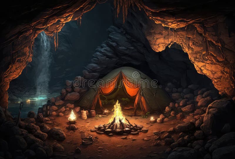 Tent Camp in Cave with Campfire. Generative AI Stock Illustration ...