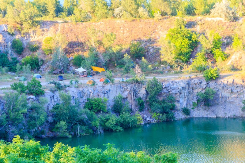 Tent Camp on Rocky Shore of a Lake Stock Photo - Image of hiking, rocky ...