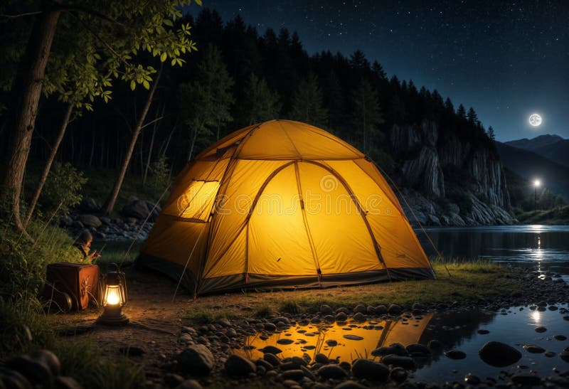 Tent, Camping, Quiet in the Forest River, Night Stock Photo - Image of ...