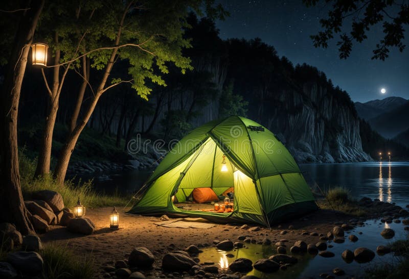 Tent, Camping, Quiet, in the Forest, River, Night Stock Photo - Image ...