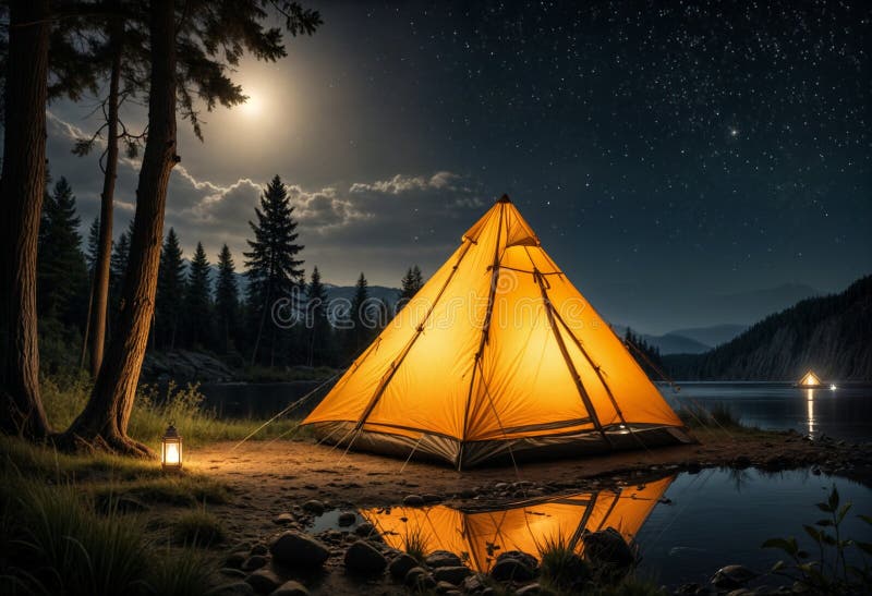 Tent, Camping, Quiet, in the Forest, River, Night Stock Photo - Image ...