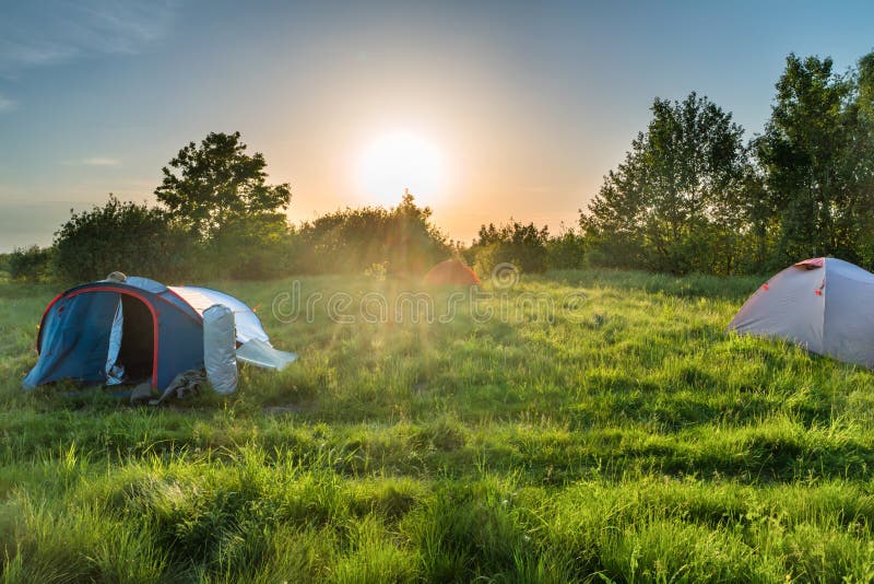 Tent Camping at Sunset in Forest Stock Photo - Image of summer, hiking ...