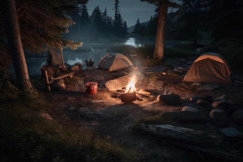 Tent Campsite with Fire. Generate Ai Stock Illustration - Illustration ...
