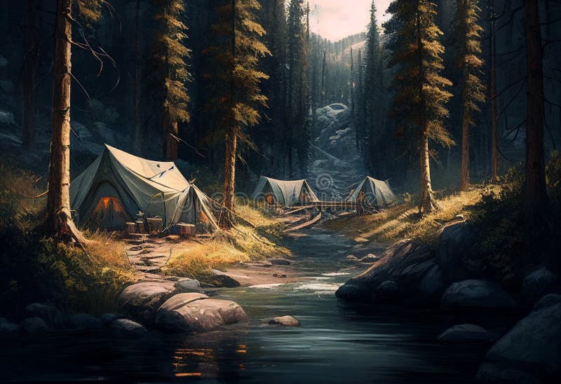 Tent City in the Forest Near the River. AI Generated Stock Illustration ...