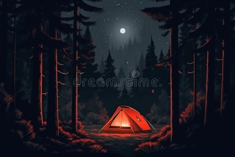 Tent in the Dark Forest at Night with a Full Moon. 3D Rendering Stock ...