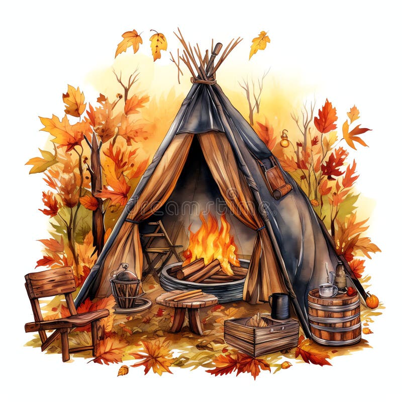 Tent Dreamscape Autumn Fall Watercolor Illustration Stock Illustration ...