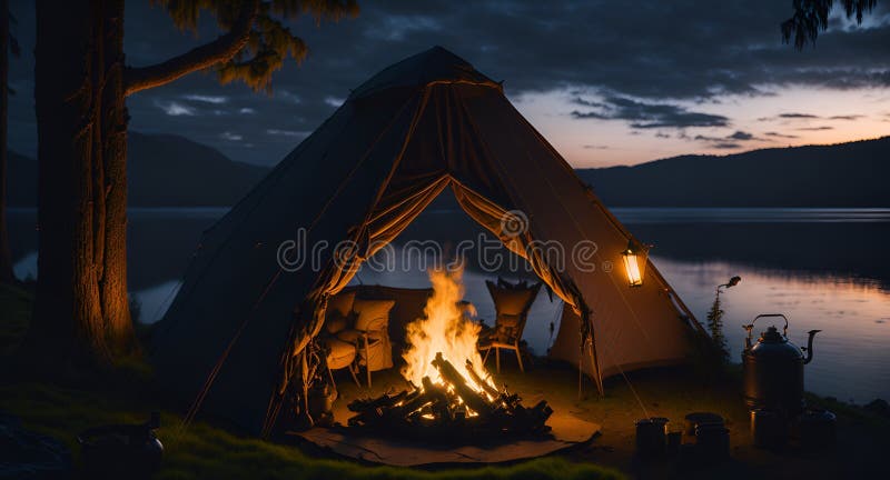 Ai Generated a Cozy Camping Scene with a Tent and Warm Fire Stock ...