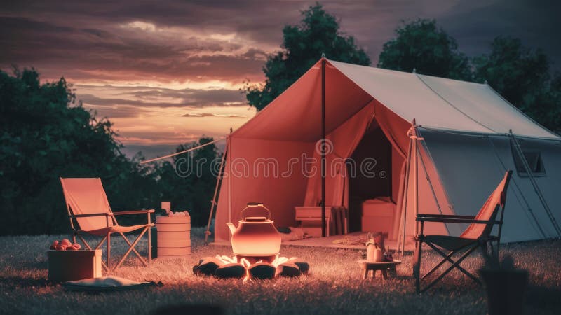 A Tent with a Fire Pit and Chairs Outside of it, AI Stock Photo - Image ...