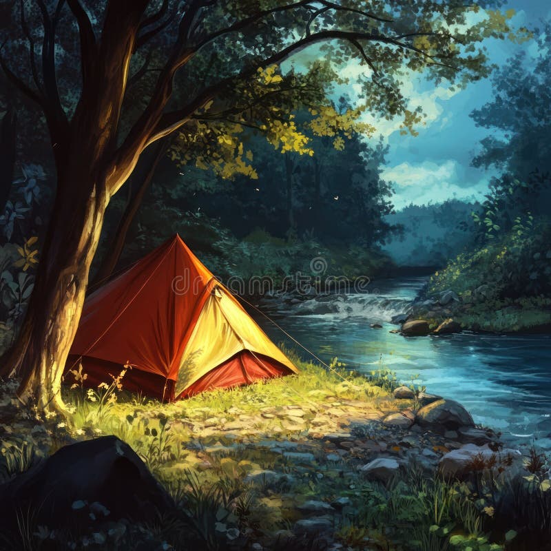 Tent Glowing by River in Peaceful Forest Scene. Nature Escape Under ...