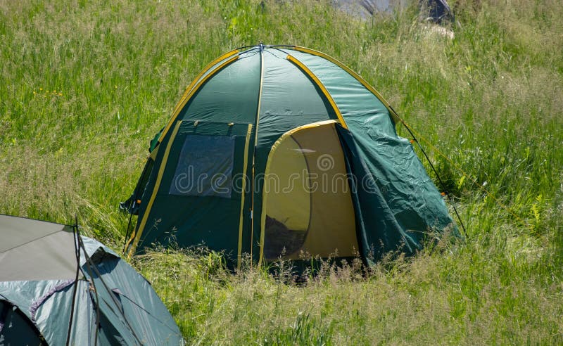 Tent on Green Grass in Summer. Stock Image - Image of hike, forest ...