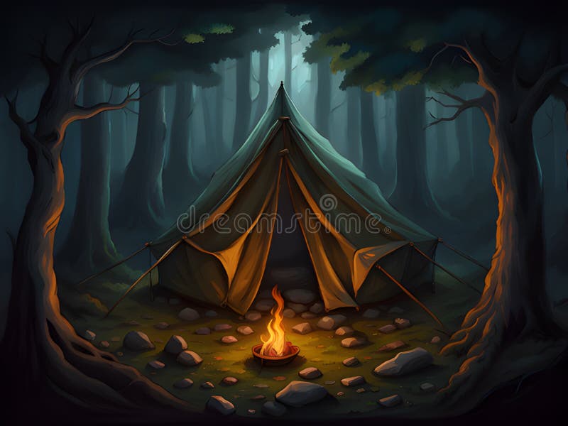 Tent in horror forest stock illustration. Illustration of tent - 303094674