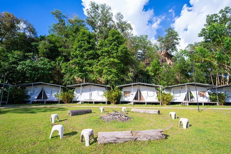 Tent House at Camping Area with Bonfire Stock Image - Image of area ...