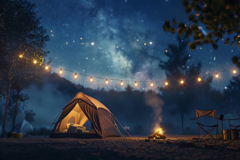 Tent with Lights in the Night Forest Camping Stock Illustration ...