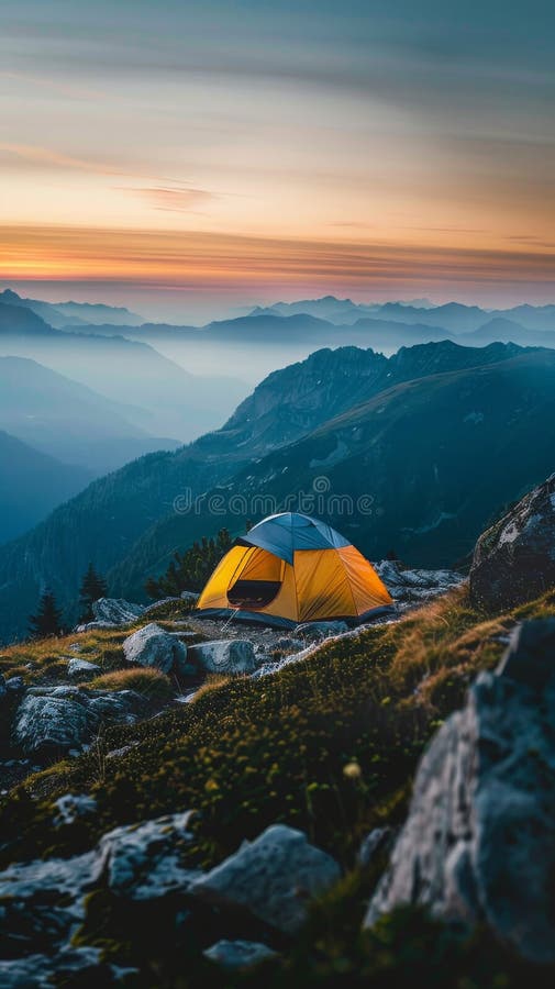 Tent on Mountain Peak at Sunrise, Panoramic View. Adventure and Camping ...