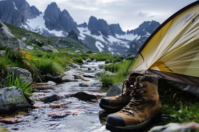 Tent beside a Mountain Stream with Hiker Boots Outside Stock Image ...