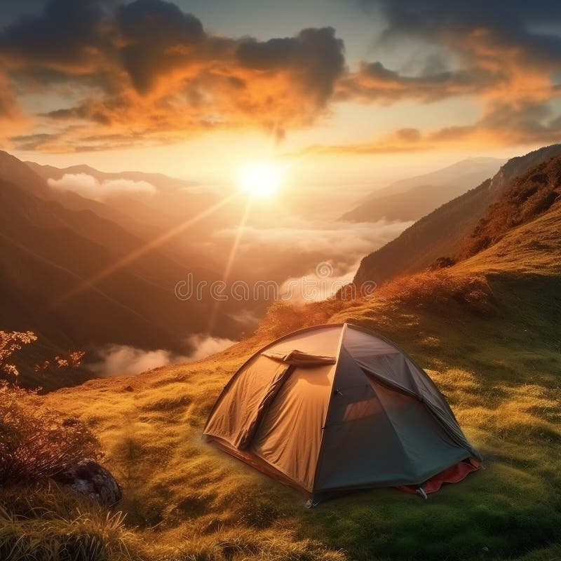 Tent in the Mountains at the Beautiful Sunset. Generative AI Stock ...