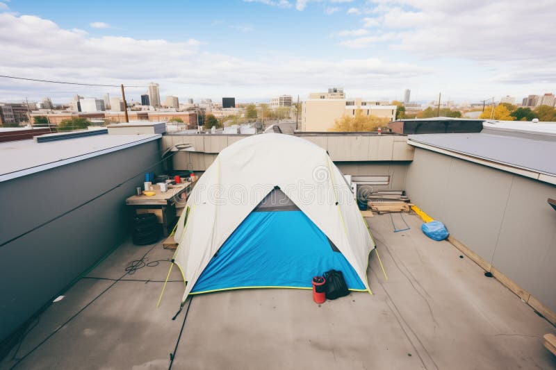 Tent Pitched for Rooftop Camping Stock Photo - Image of city ...