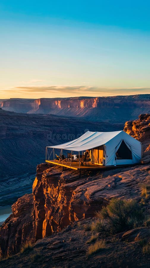 A Tent Pitched Up on Top of a Cliff Overlooking a River Stock Image ...