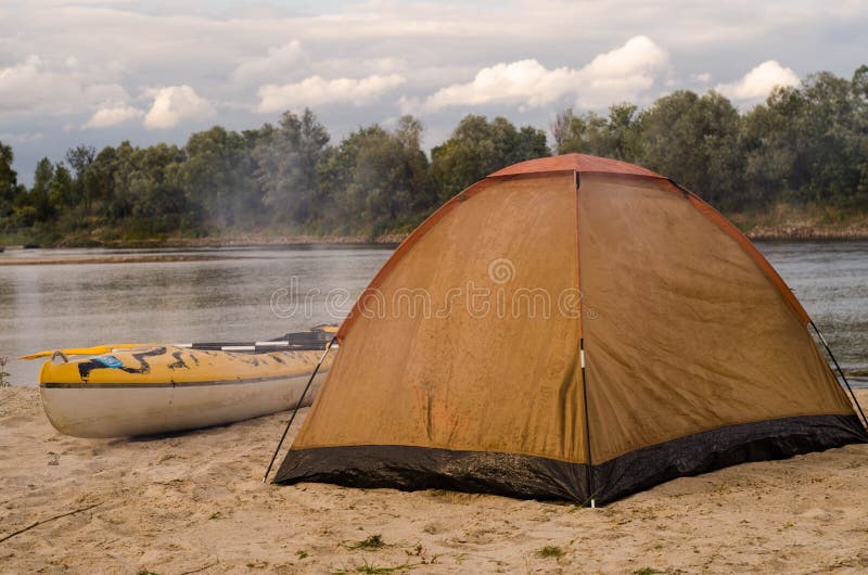 Tent on the Riverside with Kayak Stock Image - Image of river, water ...