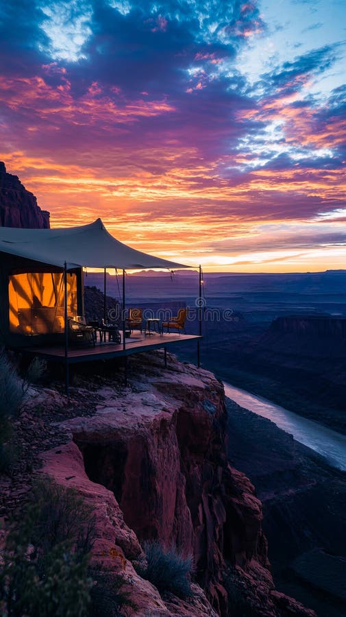 A Tent is Set Up on the Edge of a Cliff Overlooking a River Stock Photo ...