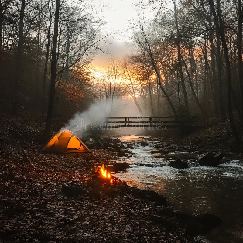 A Tent is Set Up Next To a Campfire in the Woods Stock Photo - Image of ...