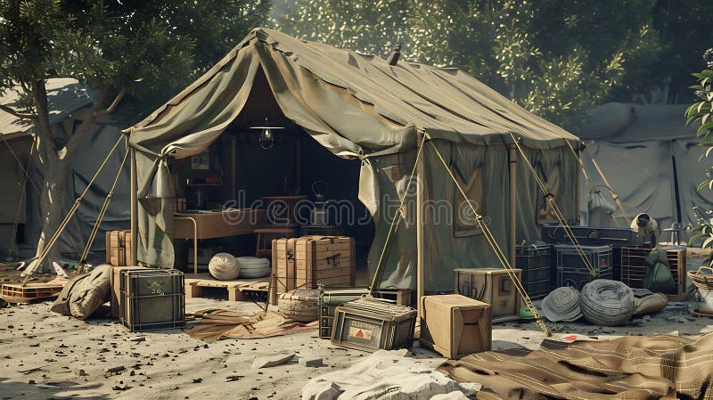 Tent Setup and Logistics in Military Camp Stock Illustration ...