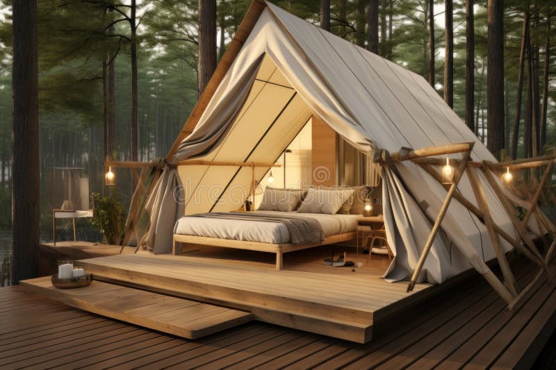 The Tent Sits on the Wooden Deck in the Woods Stock Photo - Image of ...