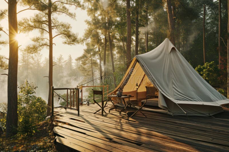 The Tent Sits on the Wooden Deck in the Woods Stock Photo - Image of ...