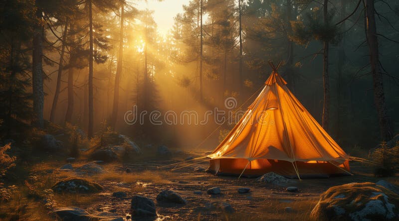 A Tent is Sitting in the Middle of a Forest with the Sun Shining ...