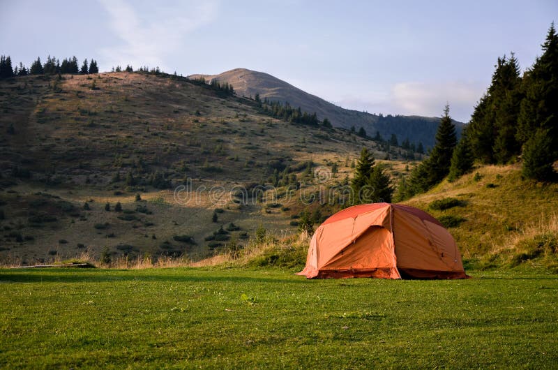 Tent on sunset mountains stock image. Image of morning - 92233657