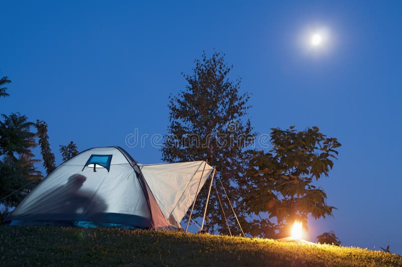 Tent in Twilight with Moon and Fire Horizontal Stock Image - Image of ...