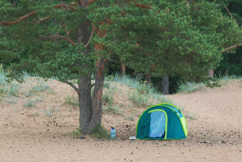 Tent Under a Tree on a Sandy Beach Stock Image - Image of outdoor ...