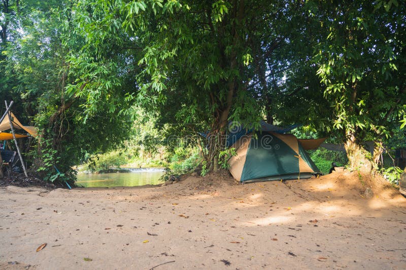 Tent Under the Trees, River and Waterfall View, Camping in the Green ...