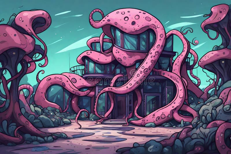 Tentacle Art House: a Surreal and Scary 3D Rendered Illustration of an ...