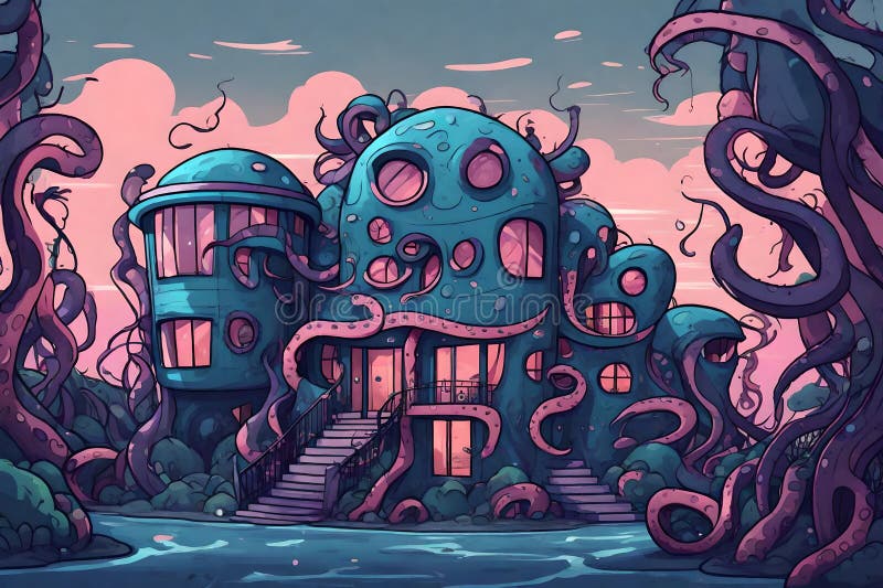 Tentacle Art House: a Terrifying 3D Rendered Illustration of an Octopus ...
