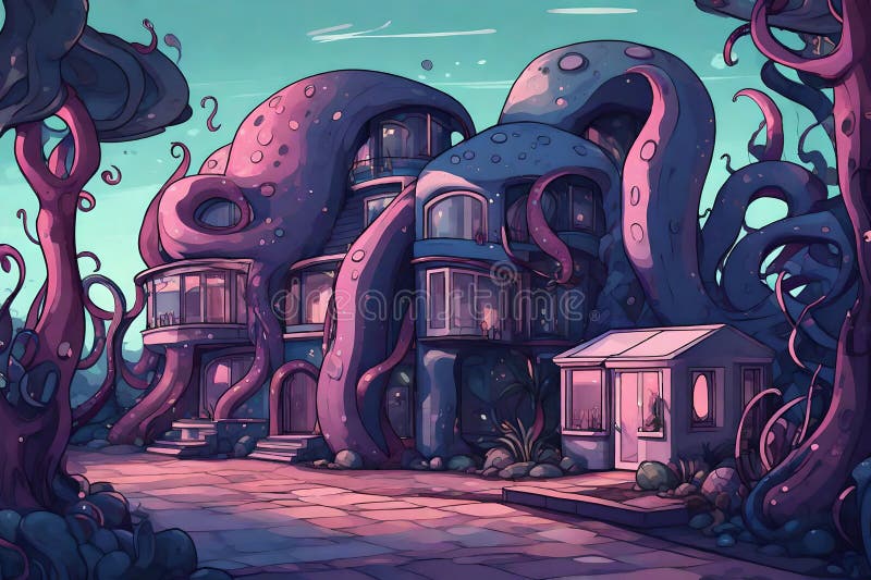 Tentacle Art House: a Terrifying 3D Rendered Illustration of an Octopus ...