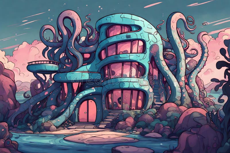 Tentacle Art House: a Terrifying 3D Rendered Illustration of an Octopus ...