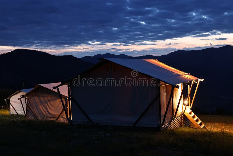 Tents in Mountains at Night. Glamping Site Stock Image - Image of calm ...