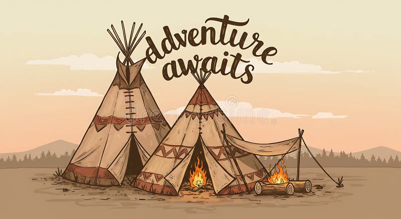 Tents are Set Up in a Rustic Outdoor Setting, Featuring Two Tipi ...