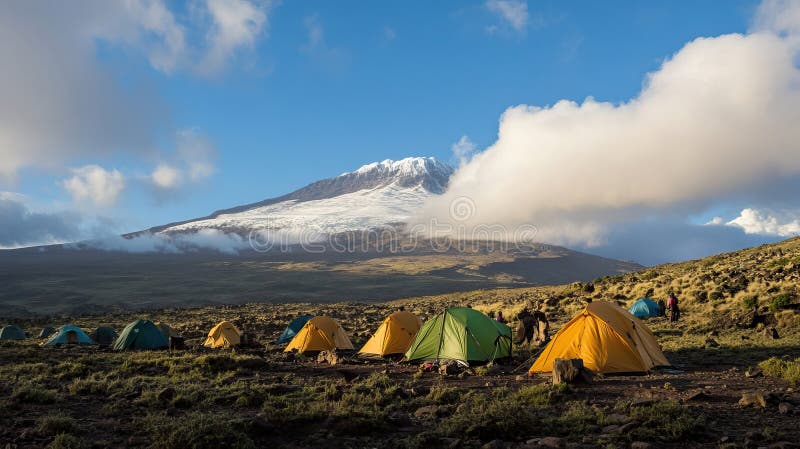Tents Set Up at Shira Plateau with Distant Snowy Summit Stock Image ...