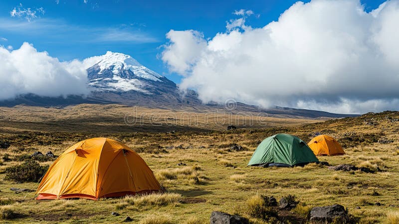 Tents Set Up at Shira Plateau with Distant Snowy Summit Stock Photo ...