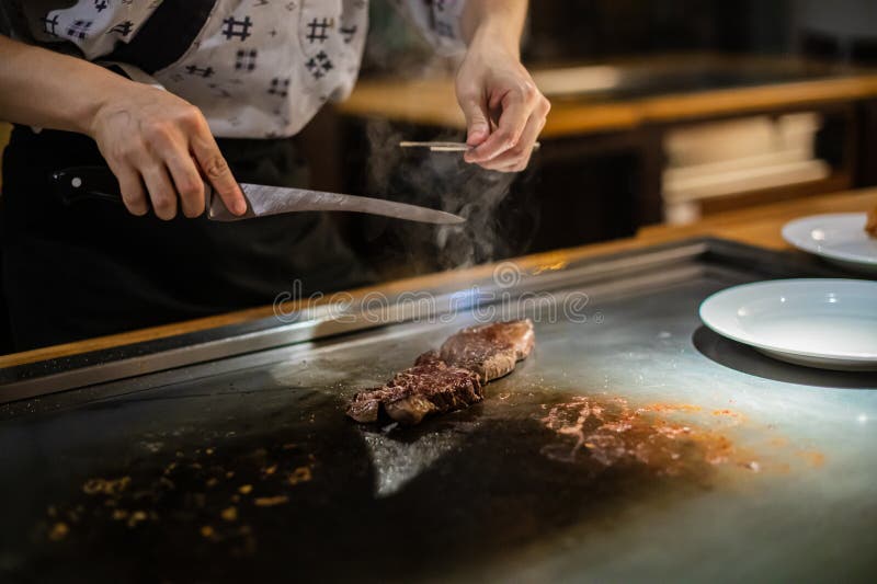 Tepanyaki - Japanese Grilled Beef on Pan. Chef Cooking at the Hot Table ...