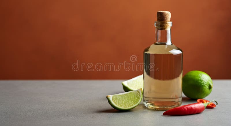 Tequila Bottle with Lime and Chili on Modern Minimal Table Stock Photo ...