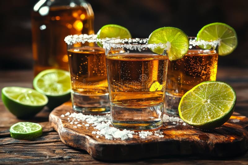 Tequila Garnished with Sea Salt and Lime Slices on a Weathered Cutting ...