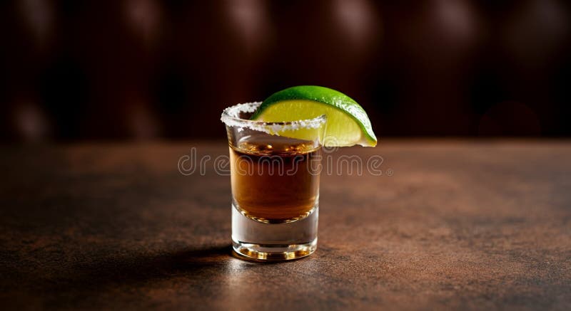 Tequila Shot with Lime and Salt on Rustic Table in Bar Setting Stock ...