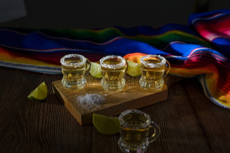 Tequila Shots with Salt and Lime on a Bar Table. Shots of Tequila Stock ...