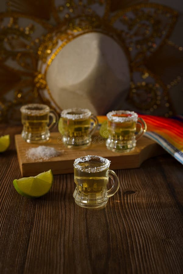 Tequila Shots with Salt and Lime on a Bar Table. Shots of Tequila Stock ...