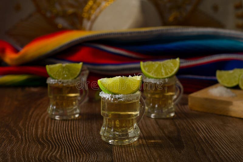 Tequila Shots with Salt and Lime on a Bar Table. Shots of Tequila Stock ...