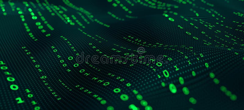 Terabytes of Binary Code Data Flying in a Stream of Information. Wavy ...