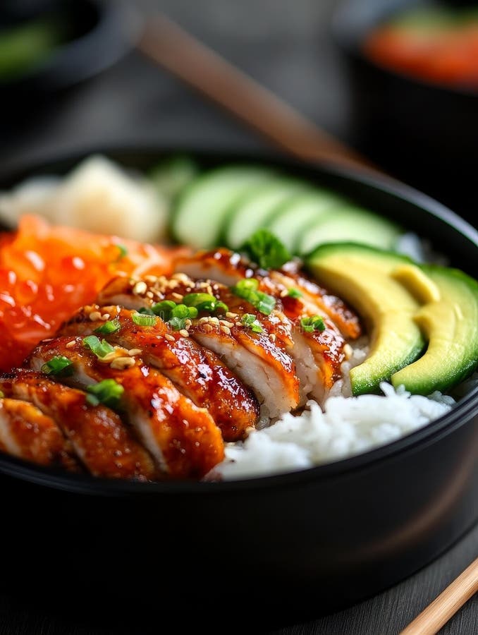 Teriyaki Chicken and Avocado Bento Box Featuring White Rice Cucumber ...